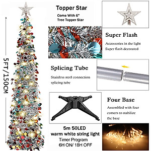 2Pcs Pop Up Christmas Tree with 50 Warm Lights 3D Topper Star - Collapsible Glitter Tinsel Artificial Christmas Pencil Trees Holiday Xmas Decoration for Indoor Home Office