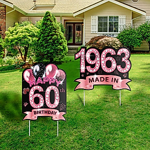 2Pcs Rose Gold 60th Birthday Yard Sign Decorations for Women, 16'' Happy 60th Birthday Waterproof Lawn Signs Decorations with Stakes Made in 1963 Birthday Party Supplies Decor Outdoor