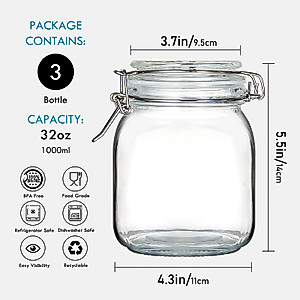 YEBODA 32oz Food Storage Canister Glass Jars with Clamp Airtight Lids and Silicone Gaskets for Multi-Purpose Kitchen Containers - Clear Square (3 Pack)