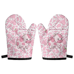 Buybai Cute Cow Strawberry Pattern Kitchen Oven Gloves Heat Resistant Oven Mitts Women Kitchen for BBQ, Baking, Cooking