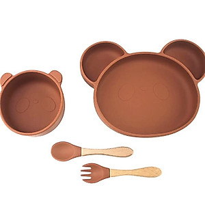 Red Panda Bamboo Silicone Suction Plate and Bowl Set with Spoon and Fork BPA Free Divider Kids Plate Bear Plate Bear Bowl Animal plate Microwave Safe Dishwasher Safe