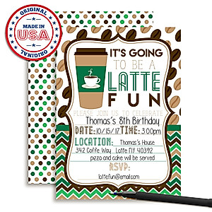 Latte Fun Green and Brown Coffee Birthday Party Invitations, 20 5x7 Fill In Cards with Twenty White Envelopes by AmandaCreation