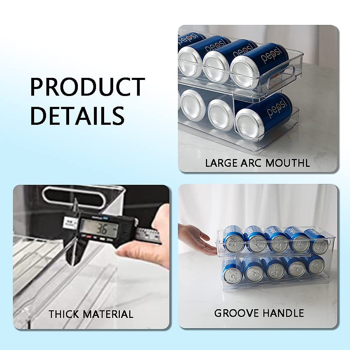 Soda Can Organizers for Refrigerator, 2-layer Automatic Rolling Beverage Storage Organizer for Freezer, Countertop, Cabinets & Pantry, Can Holder Dispenser Holds Up To 10 Cans (12oz) BPA Free, Clear