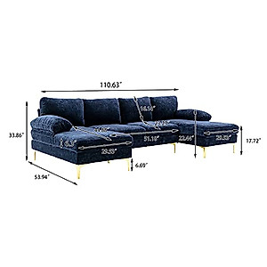 RXRRXY Accent U Shaped Sectional Sofa Couch Set with Two Pillows, Double Addition Wide Chaise Lounge Couch with Metal Legs for Living Room and Apartment (Navy)