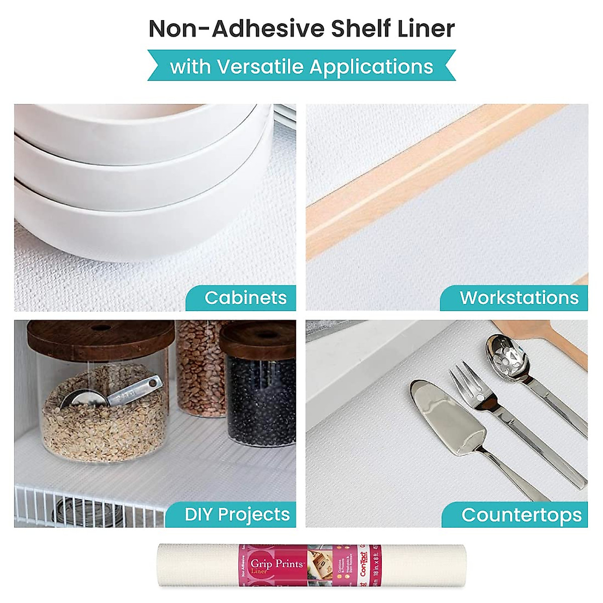 Con-Tact Brand Grip Prints Durable Non-Adhesive Non-Slip Shelf and Drawer Liner, 18" x 8', White