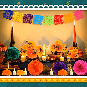 Newwiee 82 Pcs Day of the Dead Altar Decoration Kit Dia De Muertos Disposable Tablecloth Flameless LED Candle Paper Marigold Flower Fan Butterfly Mexican Papel Picado Banner Supplies (Colorful)