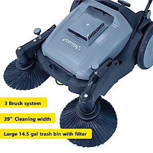 Industrial Floor Sweeper with 3 Brooms, 39 inch Cleaning Width, 39,000 Sq.ft per Hour, 14.5 gal Big Trash bin, Less Trips and Effort