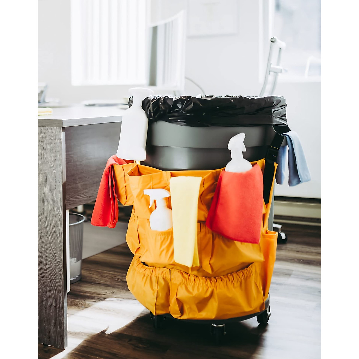 QWORK Trash Can Caddy Bag, 10 Pockets Commercial Cleaning Caddy Bag, Fit 32-50 Gallon Can, Round Trash Bag Holder, Garbage Bin Caddy Organizer, Yellow