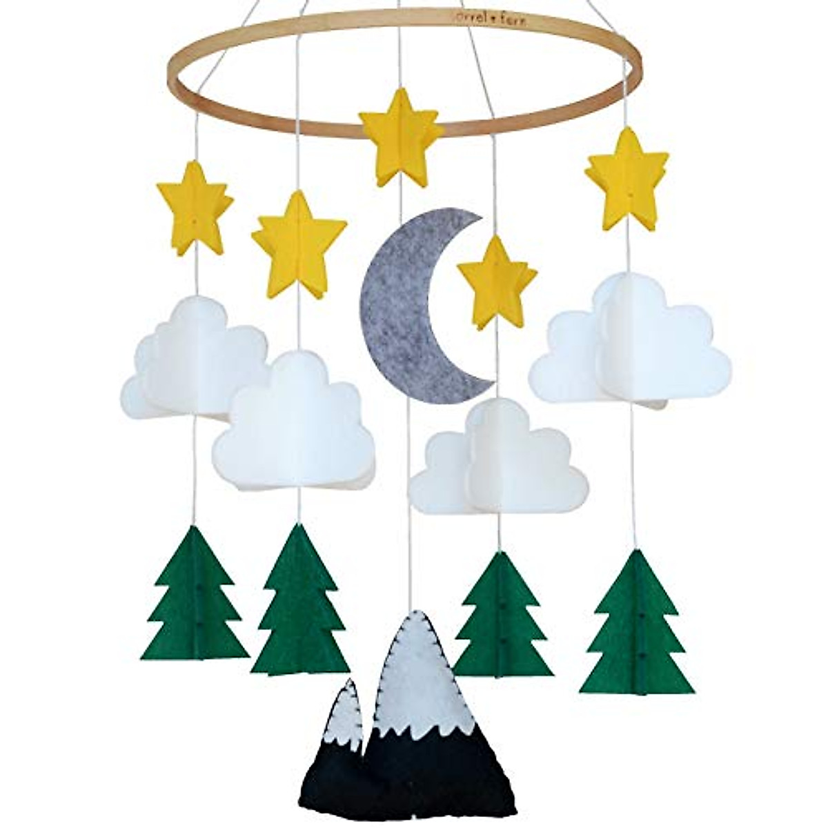 Sorrel + Fern Baby Crib Mobile (Starry Woodland Night, Long Evergreen) - Nursery Decoration Ceiling Mobile and Baby Shower for Boys & Girls