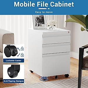 AFAIF 3 Drawer Mobile File Cabinet with Lock, Rolling File Cabinet for Home Office, Under Desk Small File Cabinet, Metal Vertical White Filing Cabinet for Legal/Letter/A4 File, White