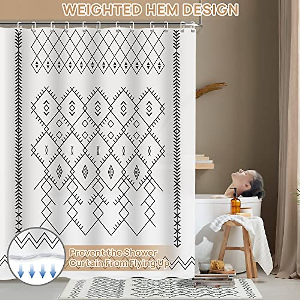 Sunhop Luxury Shower Curtain Set 3PCS, Bathroom Sets with Shower Curtain and Rugs, Ultra Soft Faux Wool Water Absorbent Bath Rugs, Durable Waterproof Shower Curtain with 12 Hooks (White, 71" x 71")