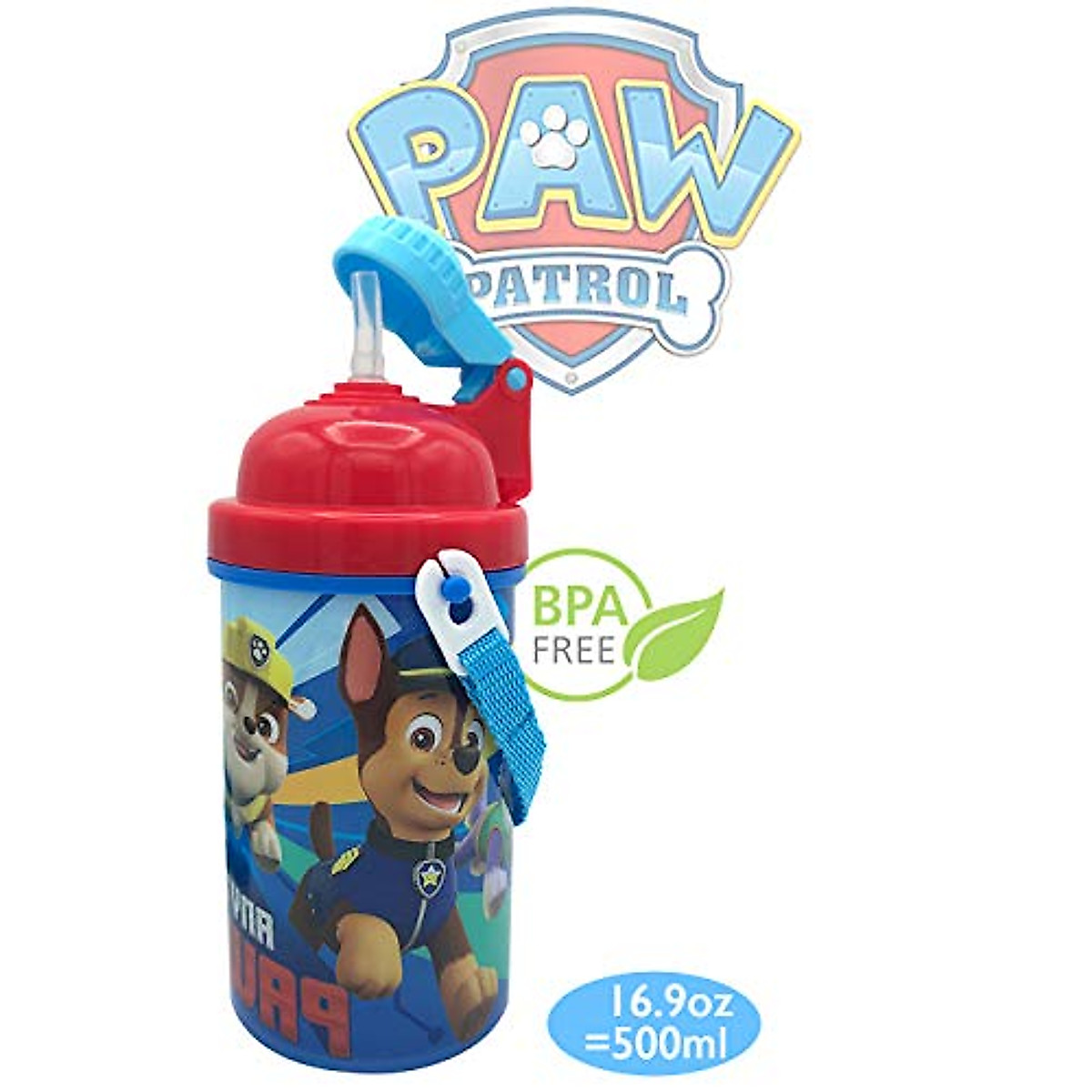 Paw Patrol Friends Carrying Strap One Touch Water Bottles with Reusable Built in Straw - Safe Approved BPA free, Easy to Clean, Perfect Gifts for Kids Girls Boys, Goodies Home by Zak design