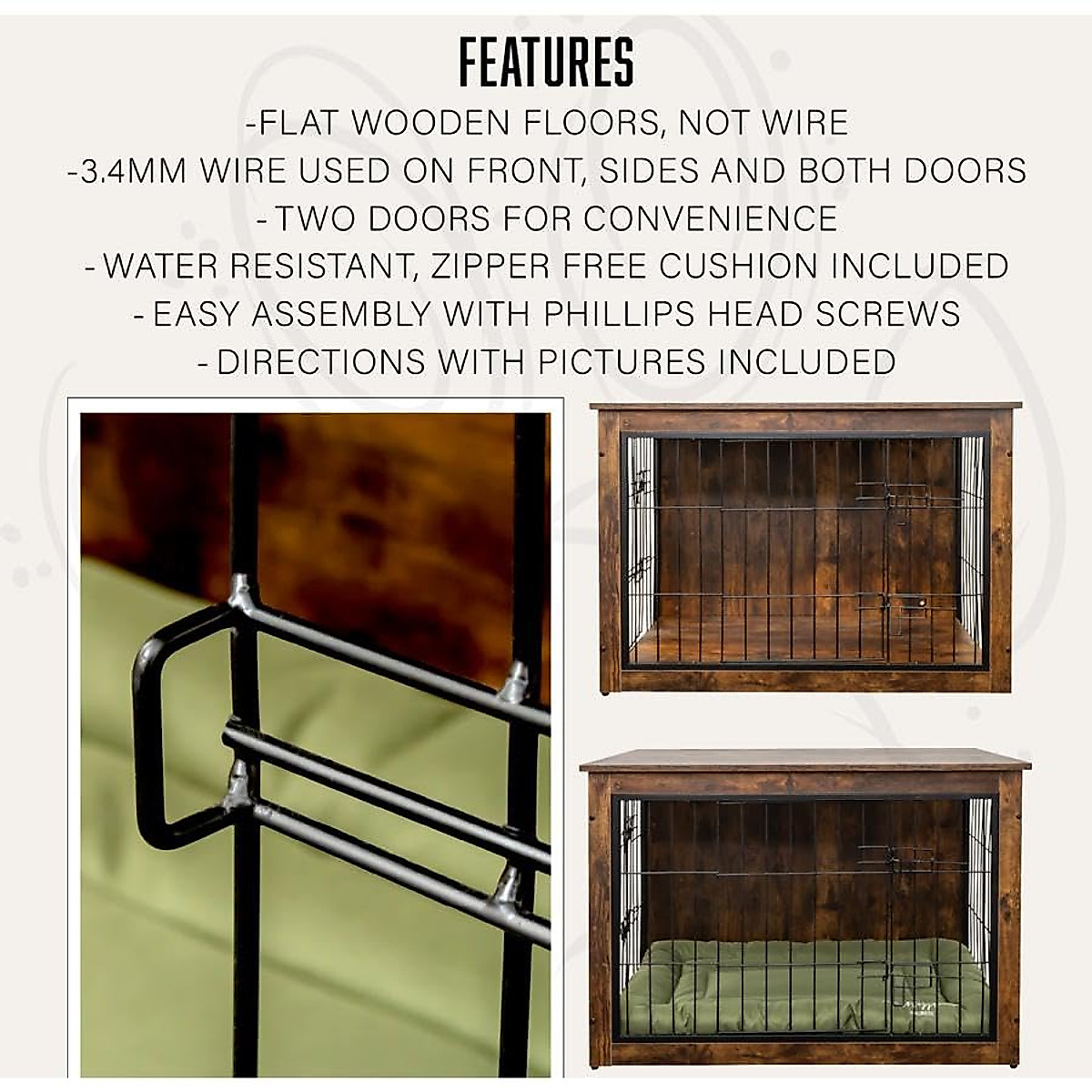 Ablissa Wooden Dog Crate with Waterproof Cushion, Modern Dog Crate Furniture Table, Indoor Dog Kennel with Double-Doors, Strong & Sturdy Dog House, Dog Cage for Small, Medium & Large Dogs