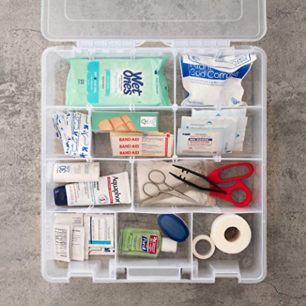 AB Designs 6823ABD Super Satchel with Removable Dividers, Stackable Home Storage Organization Container, Clear with Sliver Latches and Handle