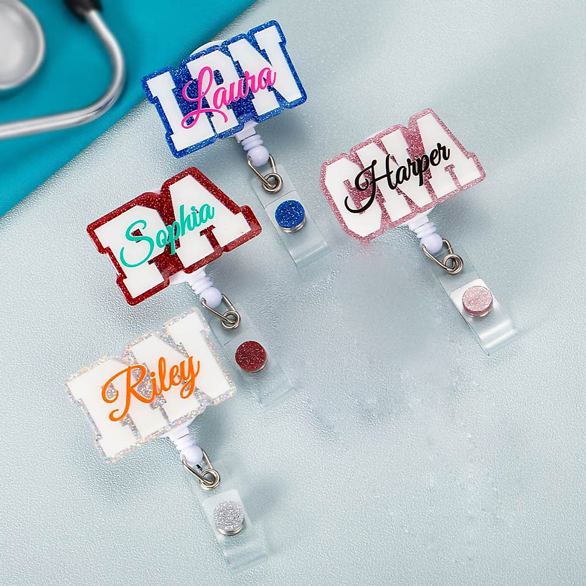 Custom Retractable Cute Name PA LAB LPN TECH MD RMA BSN EMT CNA LVN RN ID Badge Reels Holder for Nurse Coworkers Employee Hospital Doctor