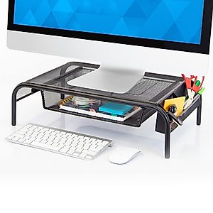 Mount-It! Computer Monitor Stand with Drawer and Storage, Black Metal Mesh Monitor Riser and Organizer for Single Display or Laptops