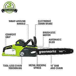 Greenworks 40V 16-Inch Cordless Chainsaw, 4AH Battery and a Charger Included