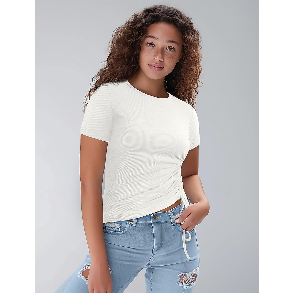 Athletic Tops for Women Short Sleeve,Workout Crop Top Fitted Yoga Shirt Drawstring Side Ruched(Off White-047,M)