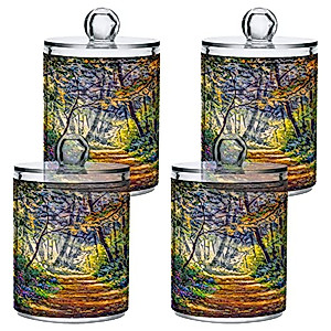 ALAZA 2 Pack Cotton Swab Holder with Lid Oil Painting Purple Flower Road Qtip Cotton Buds Ball Dispenser Bathroom Containers Canister Organizer Storage Jar