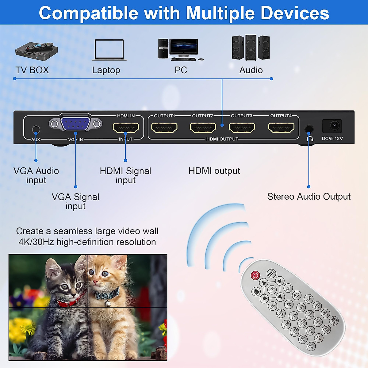 2x2 Video Wall Controller, 4K UHD Video Wall HDMI Splitter TV Wall Processor for 4 TV Splicing Display, 180 Degree Rotate and 8 Splicing Modes 2x2,1x2,1x3,1x4,2x1,3x1,4x1 with Remote Control