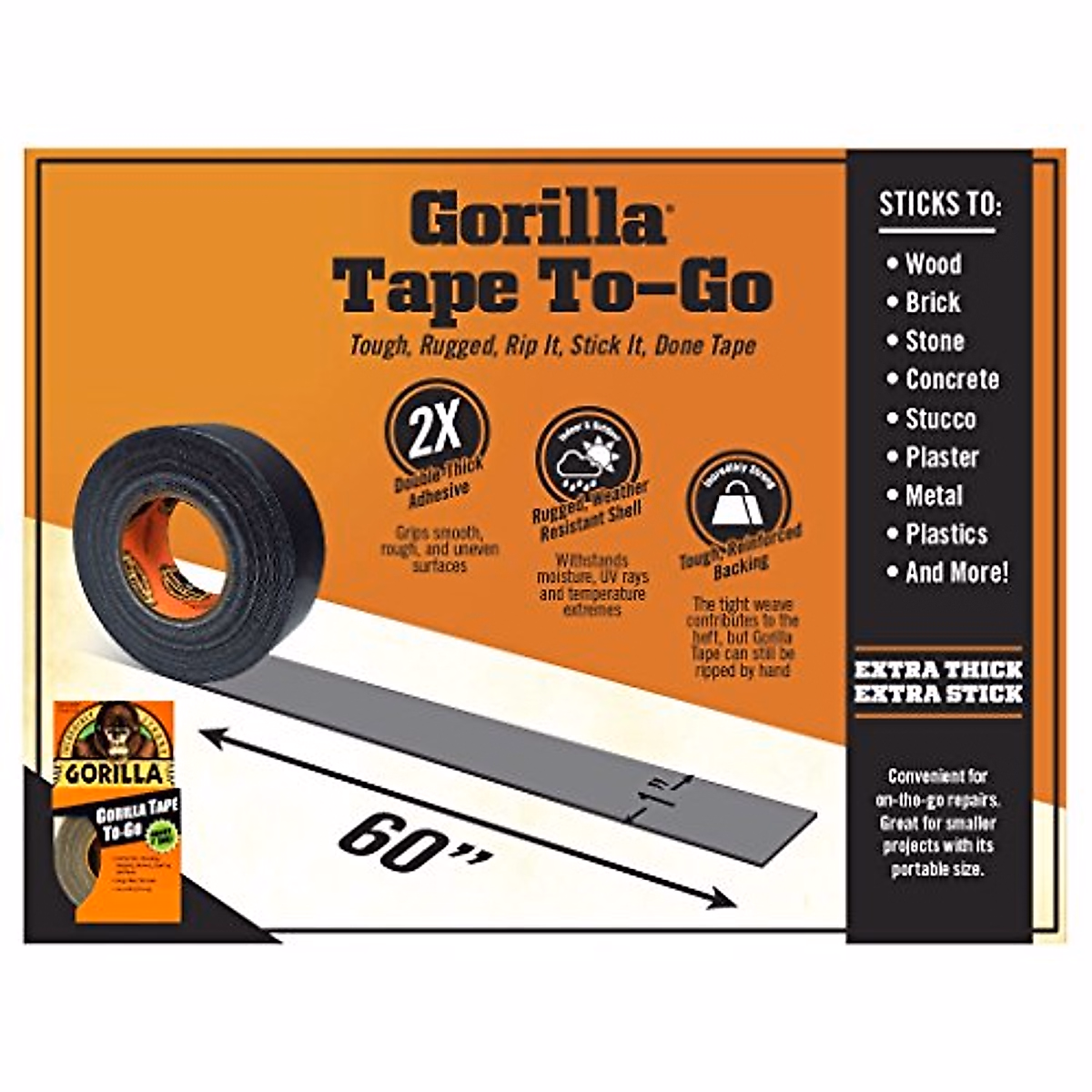 Gorilla Tape, Mini Duct Tape to-Go, 1" x 10 yd Travel Size, Black, (Pack of 2)