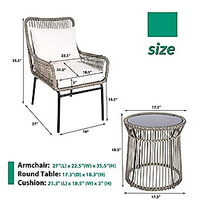 VIVIJASON 3-Piece Patio Conversation Bistro Set, All-Weather Wicker Outdoor Modern Furniture Small Balcony Chat Set w/ 2 Rattan Chairs, Cushions, Glass Top Side Table for Porch Backyard, Grey