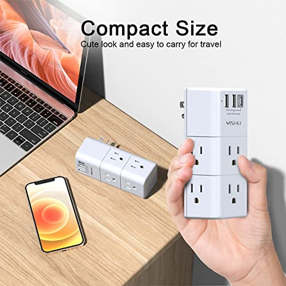 USB Multi Plug Outlet Extender - YISHU Surge Protector with Rotating Plug, 6 AC Plug Extender with 3 USB Ports, 3-Sided Swivel Power Strip with Spaced Outlet Splitter for Home, Office, Travel