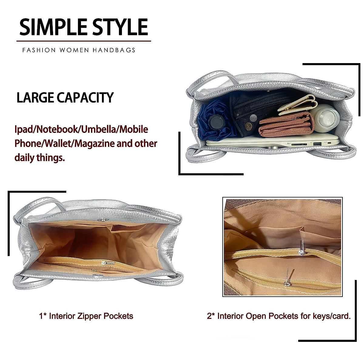 Silver Tote Bag for Women Metallic Purse Large Shoulder Handbags for Ladies Soft Leather Hobo Bucket Bags