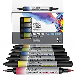 Winsor & Newton ProMarker Watercolor Marker Set, 6 Count, Basic Tones
