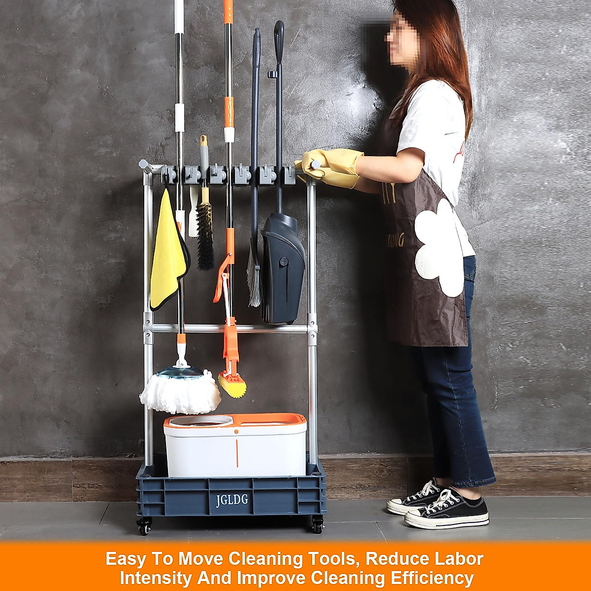 JGLDG Mobile Mop and Broom Holder，Efficient Storage Solution for Cleaning Tools Keep Your Tools Handy and Organized