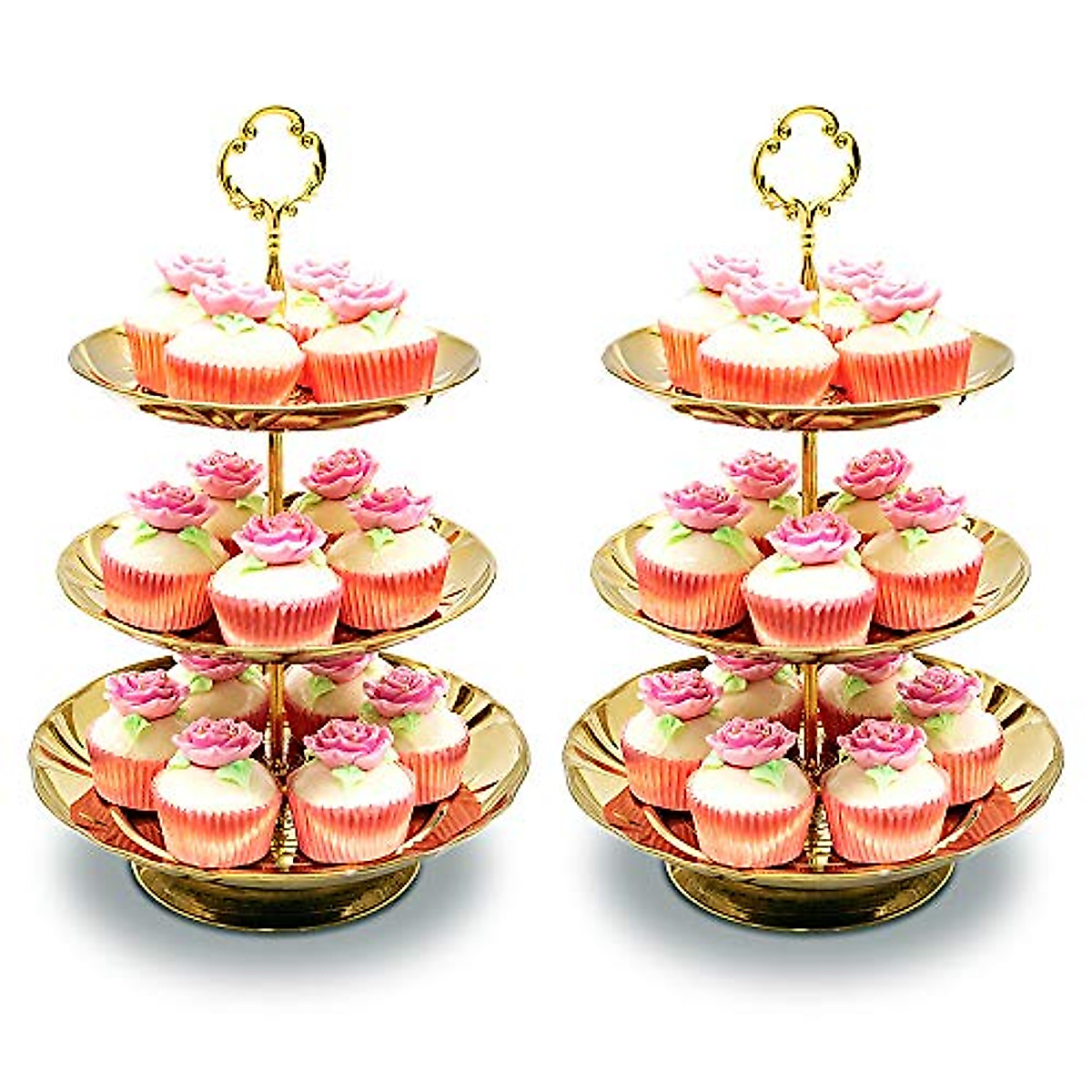 Two Set of Three Tier Cake Stand and Fruit Plate by Imillet -Stainless Steel Stand of Golden for Cakes Desserts Fruits Candy Buffet Stand for Wedding &Home&Party Serving Platter (2 pack) …