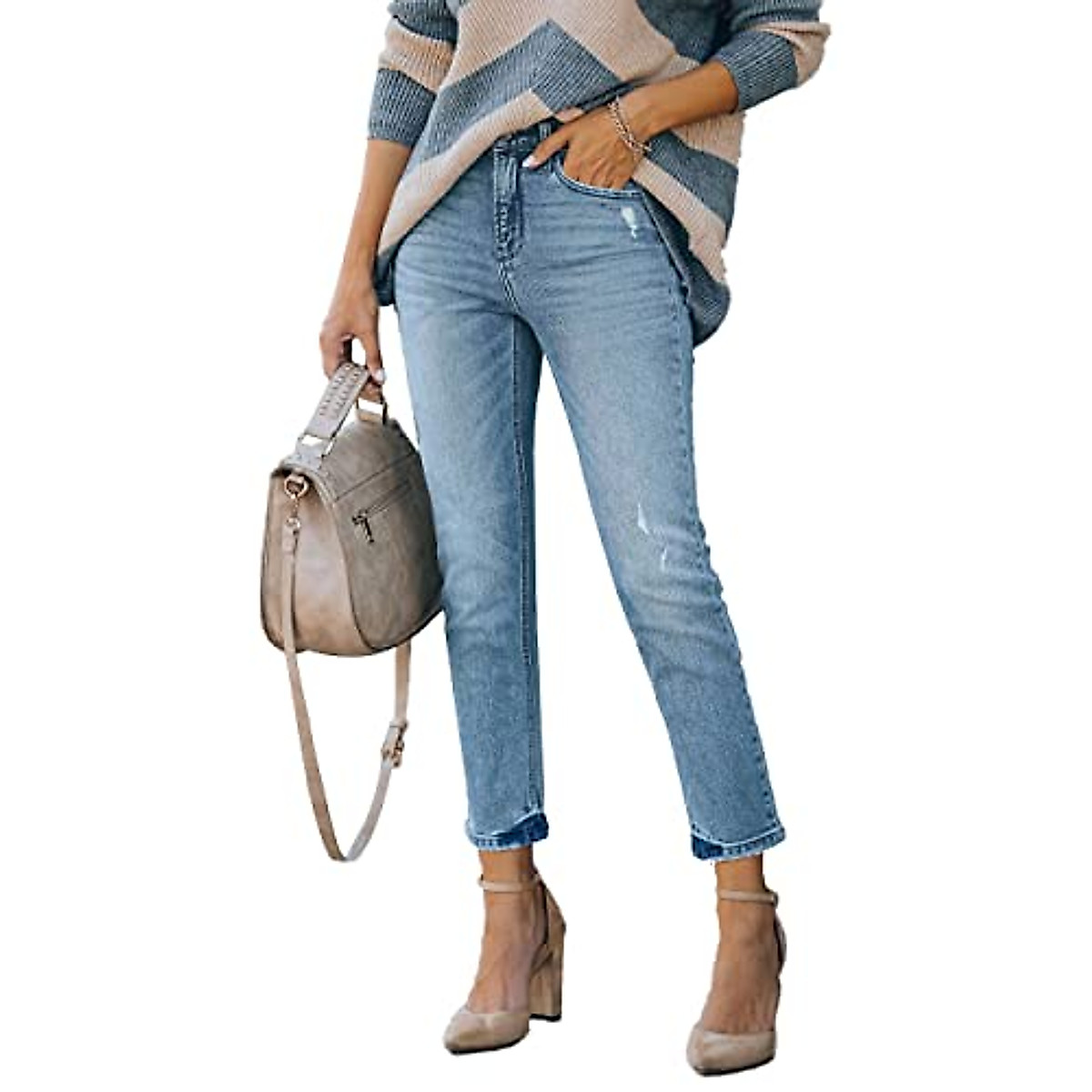 Lesore Womens High Waist Washed Raw Hem Boyfriend Ripped Distressed Destroyed Straight Leg Cropped Jeans Denim Pants Pockets Blue 29