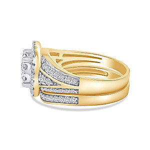 SAVEARTH DIAMONDS 1 1/4 CTTW Round Lab Created Moissanite Diamond Double Halo Bridal Set Wedding Ring In 14k Yellow Gold Over Sterling Silver (1.25 Cttw) Size-6.5