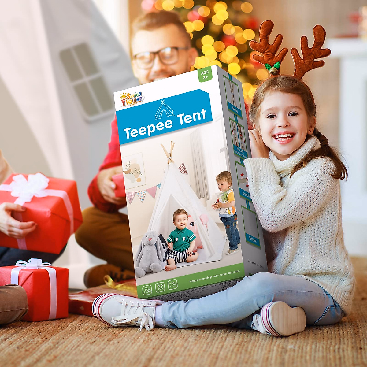 Kids Teepee Tent with Padded Mat & Light String, Washable Foldable Play Tent, Natural Cotton Canvas Teepee Indoor Outdoor Playhouse for Toddler, for 3 4 5 6 7 8 9 10 Boys and Girls