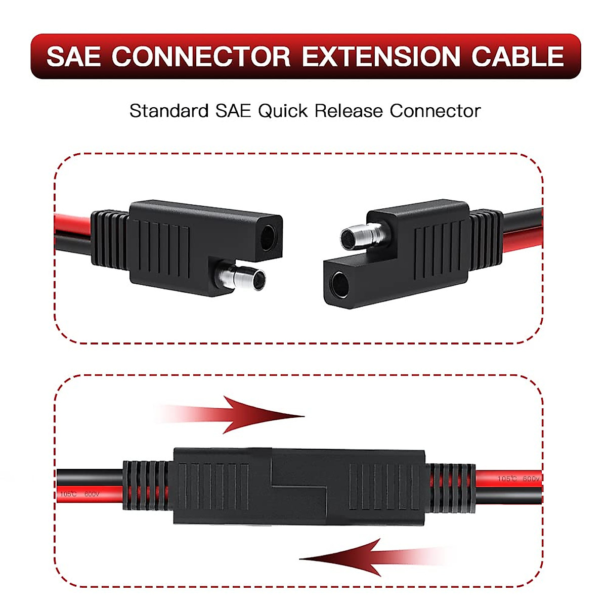 ELECTOP 10AWG SAE Connector Extension Cable, SAE Quick Connector Disconnect Plug SAE Power Automotive Extension Cable Solar Panel Cable Wire(2 Pack)
