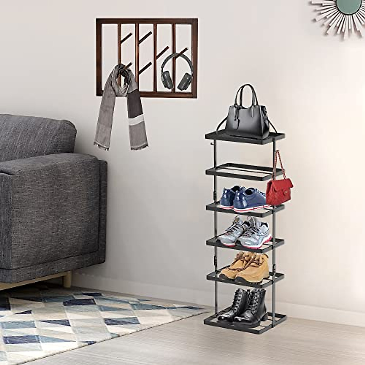 Shoe Rack Shoe Organizer for Plus Size Shoes, Modern Free Standing Shoe Shelf with Hooks, Sturdy Space Saving Metal Shoe Storage Vertical Narrow Shoe Stand for Entryway Closets, 6 Tiers Black