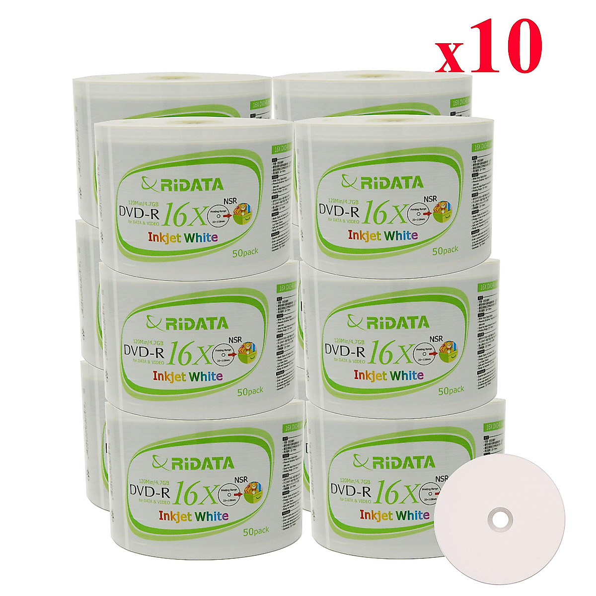 6000 Pack Ridata DVD-R 16X 4.7GB 120 Min White Inkjet Hub Printable Blank Data Video Media Recordable Disc