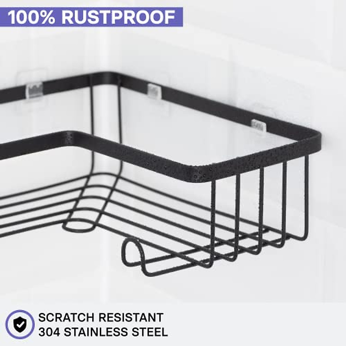 KINCMAX Corner Shower Caddy, Rustproof SUS304 Stainless Steel, Adhesive Wall Mount Double Baskets 2-pack with Built-in Hooks (Matte Black)