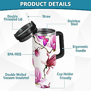 Yasala Car Tumbler with Handle Pinks Magnolia Butterfly Travel Mug Coffee Cup Insulated Beverage Container Mega Cup for Hot Cold Drinking Thermos Water Bottle Cupholder Friendly 40 oz