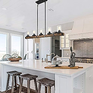 Farmhouse Chandeliers for Dining Room, 5-Light Kitchen Island Lighting, Rectangle Wood Chandeliers with Seedy Glass Shades