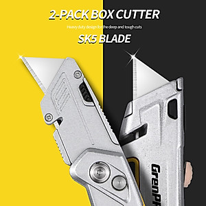 GRENPRO 2-Pack Utility Knife, SK5 Heavy Duty Retractable Folding Utility Knife, Storage Blade Design, Quick-change，Comes with 16 Extra CK75 Blades，Cut Cartons, Cardboard and Boxes,（Total 18 Blades）