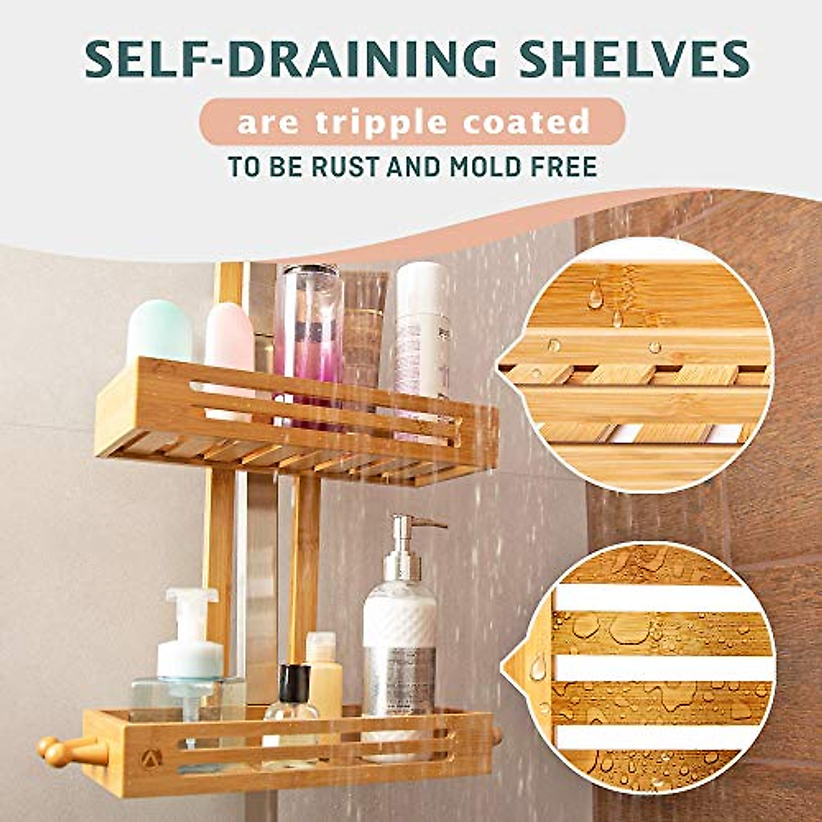 Crew & Axel Bamboo Hanging Shower Caddy Rustproof Made from Natural Bamboo 2 Level Storage Organizer Waterproof & Anti Stain - Over The Shower Head Caddy 27" x 11" x 5"
