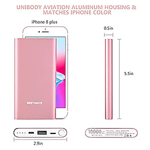 BESTMARS 10000mAh Quick Charge Portable Charger Fast Charging Power Bank Slim Back Up Battery Pack for iPhone 14 13 12 X XS PRO MAX 8 7 6 6s Plus iPad Android Samsung Galaxy Cell Phone Rose Gold Pink