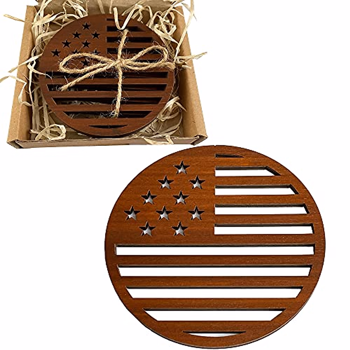 Independence Day Wood Coasters Set - This USA Gift Include 4pcs Carved American Flag Wooden Coasters for Drinks - Great Patriotic Home Decorations