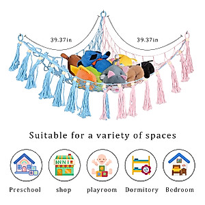 Yvqxvv Stuffed Animal Toy Hammock - Corner Hammock Organizer Display Holder Net Storage Rack Hanging Toys for Boho Kids Girls Bedroom Play Room Decor(Pink＆Blue)