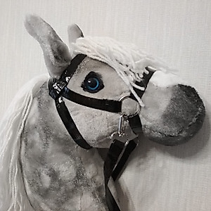 Gray stick hobby horse A4 Realistic plush handmade toy horse with bridle