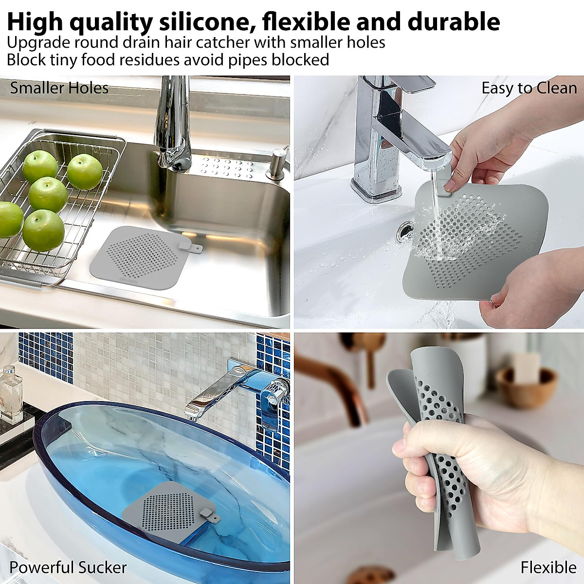 Shower Drain Hair Catcher, 5.9 inch Silicone Square Drain Cover Protector Hair Stopper Trap Flat Strainer, Home Protectors Sink Cover for Bathroom, Kitchen, Laundry, RV - 2 Pack, Gray