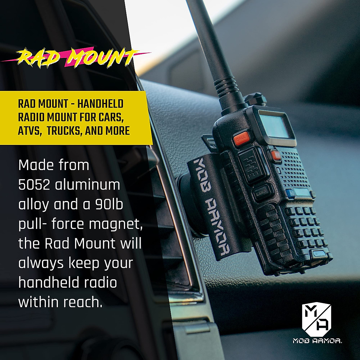 Mob Armor Rad Mount - Dual Magnetic Car Mount Kit for CB, VHF & GMRS Radios, Handheld Radio Bracket with Hand Mic Holder and Base, CB Radio Mount for Vehicle Use, Off-Road, Job Site, Rugged Activities
