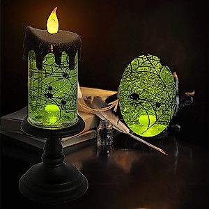 POPONINE Halloween Snow Globe Candle Lights, Battery Powered LED Flameless Candle Lights, Motor Driven Spider Spinning on Water, Halloween Indoor and Holiday Party Table Top Decorations -Spider