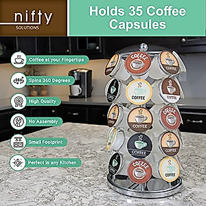 Nifty K Cup Holder – Compatible with K-Cups, Coffee Pod Carousel | 35 K Cup Holder, Spins 360-Degrees, Lazy Susan Platform, Modern Chrome Design, Home or Office Kitchen Counter Organizer